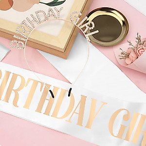 Rose Gold and White Sash with Rhinestone Tiara and Headband - Birthday Accessories for Women