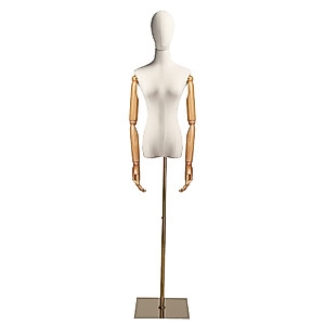 Bonnlo Female Dress Form with Head and Posable Wood Arms, Mannequin Torse Body with Metal Base Adjustable Height, Women Dress Jewelry Display Model