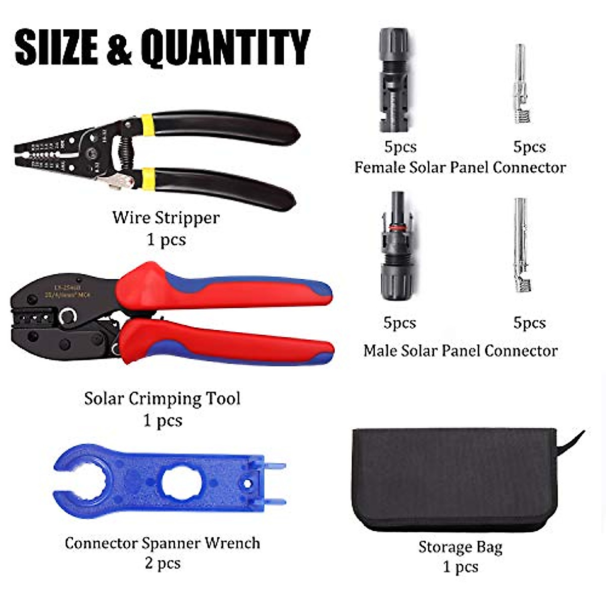 Solar PV Crimping Tool for MC3 Cable Connector, with 5 Pairs Male Female Solar Connector + 2pcs Spanners Wrench + 1pc Wire Stripper and Cutter + 1pc Wire Crimper for 2.5/4/6mm² Solar PV Wire