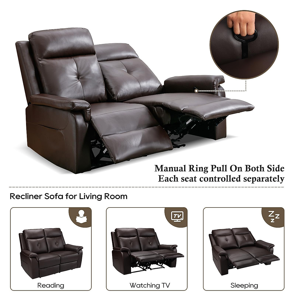 PALLOME Loveseat Recliner, PU Leather Reclining Sofa, 54'' Double Recliner Loveseat with Heat and Massage, RV Theater Seating, Manual Recliner Chair for Living Room (Brown)