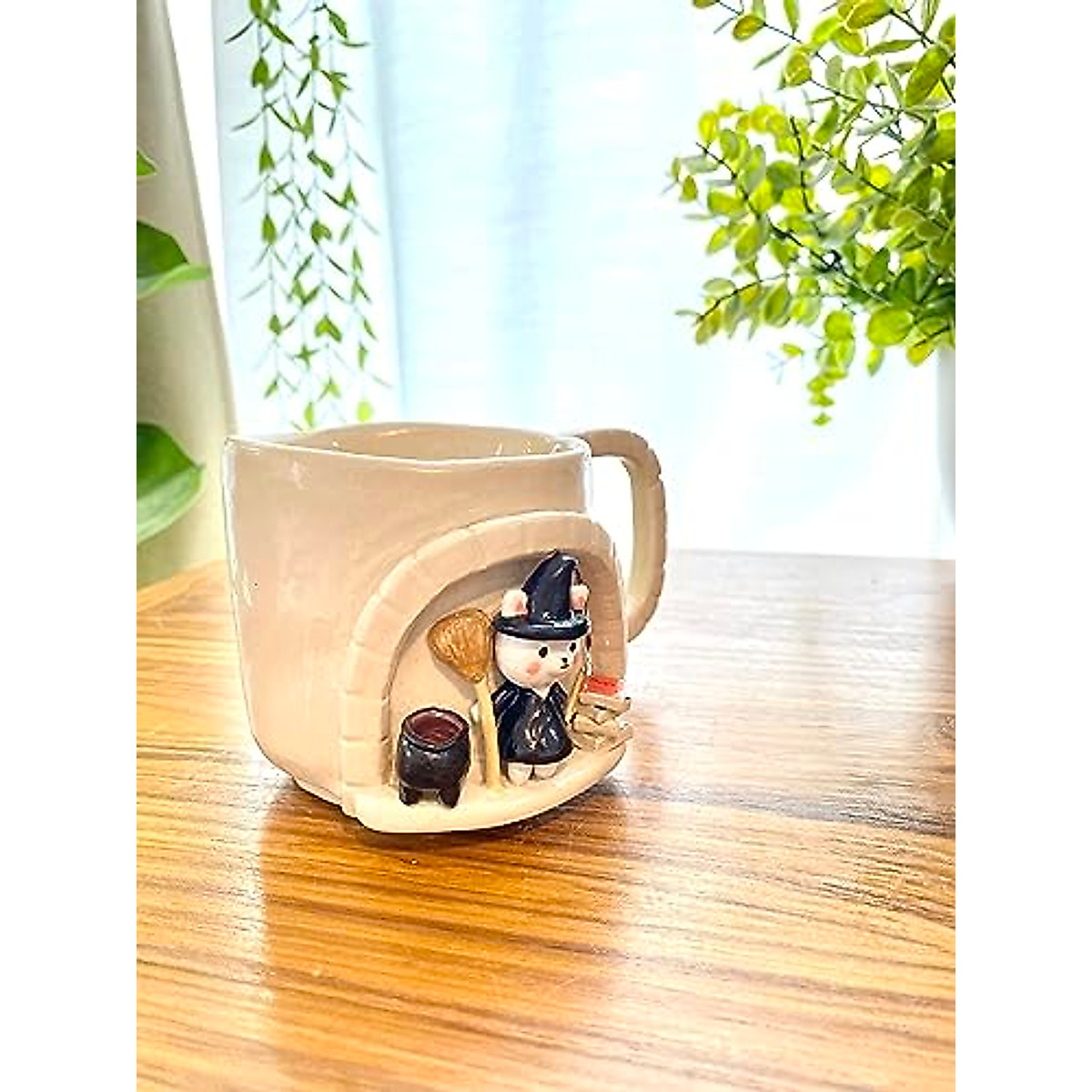 Witch cat and the cauldron. wizard world, magic white Handmade ceramic cup, Hand-painted mug, Unique Surprise gift for Christmas or Birthday. Dishwasher and Microwave safe