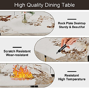 Ginxesh 5 Piece Dining Table Set,Faux Marble Dining Table Set for 4,Imitation Marble Pattern Dinner Table and Brown PU Leather Upholstered Kitchen Chairs for Living Room