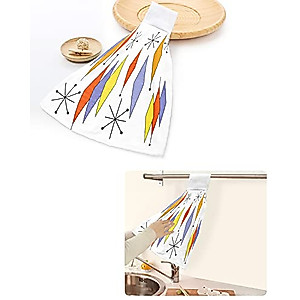 Orange Yellow Purple Kitchen Hand Towel, Soft Hanging Dish Towels with Loop for Bathroom, Absorbent Drying Cleaning Cloth Dishclothes Decorative Sets, Middle Century Modern Geometric Diamond 1-PC