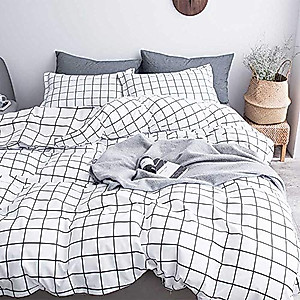 Nanko Queen Duvet Cover Set Grid, 90x90 Soft Bedding Cover, Luxury Cool Lightweight Microfiber 3pc Set (1 Cover 2 Pillowcase) with Zip, Tie - Modern Style Bed Quilt Cover for Decor, Plaid White