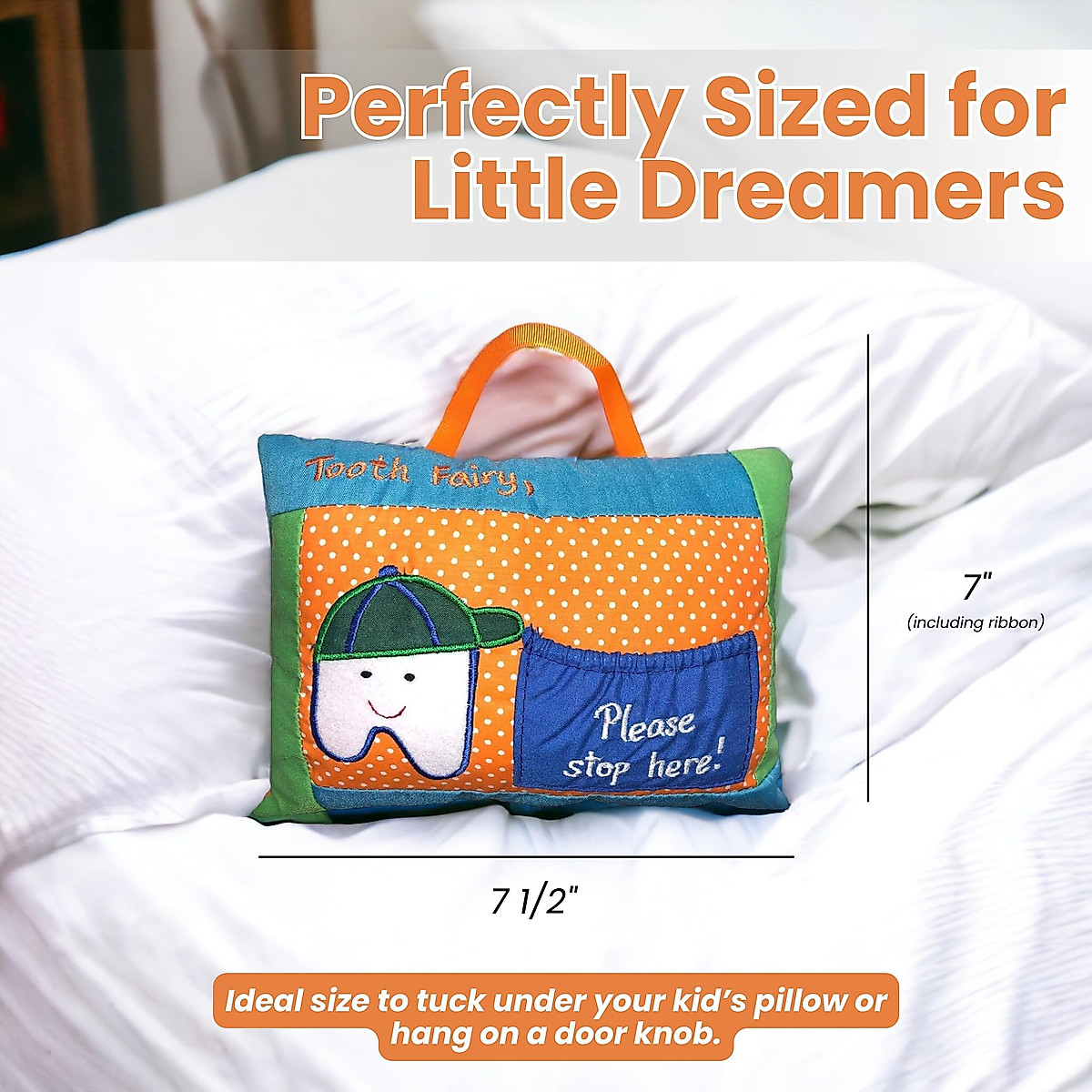 My Growing Season Blue Tooth Fairy Pillow Soft Blue Embroidered Pillow with Pocket for Boys | Felt Fabric Cloth Keepsake Tooth Holder