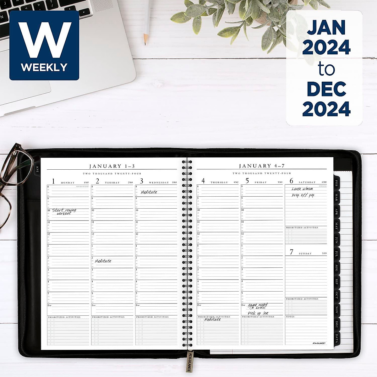 AT-A-GLANCE 2024 Weekly & Monthly Appointment Book, 8 1/4" x 11", Large, with Zipper, Executive, Black (70NX810524)