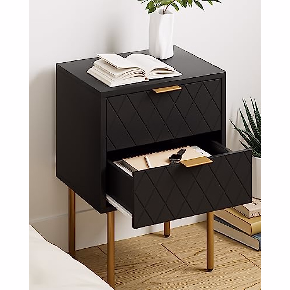 Aobafuir Night Stand, Modern Nightstand with Drawers, End Tables Living Room, Small Gold Side Table for Bedroom, Bedside Furniture (12-Black Diamond, 2 Drawer)