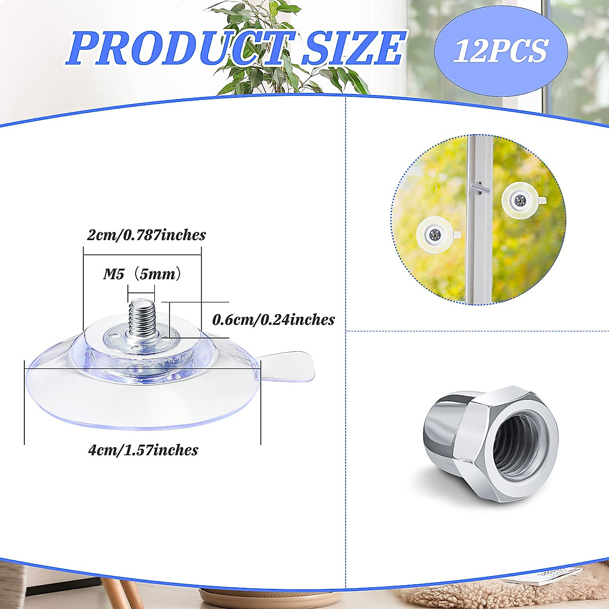 Quzzil 12 Pieces Suction Cup 40 mm/1.57'' PVC Clear Blue Sucker Pads with Screw Nut Extra Strong Adhesive Suction Holder Plastic Glass Suction Pads for Window Bathroom Wall Car Shade