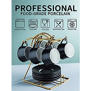 Gomakren Espresso Cups with Saucers Set of 6 with Stand, 4 oz Cappuccino Espresso Latte Coffee Small Cup Black Demitasse Tea Cups for Party Daily Use