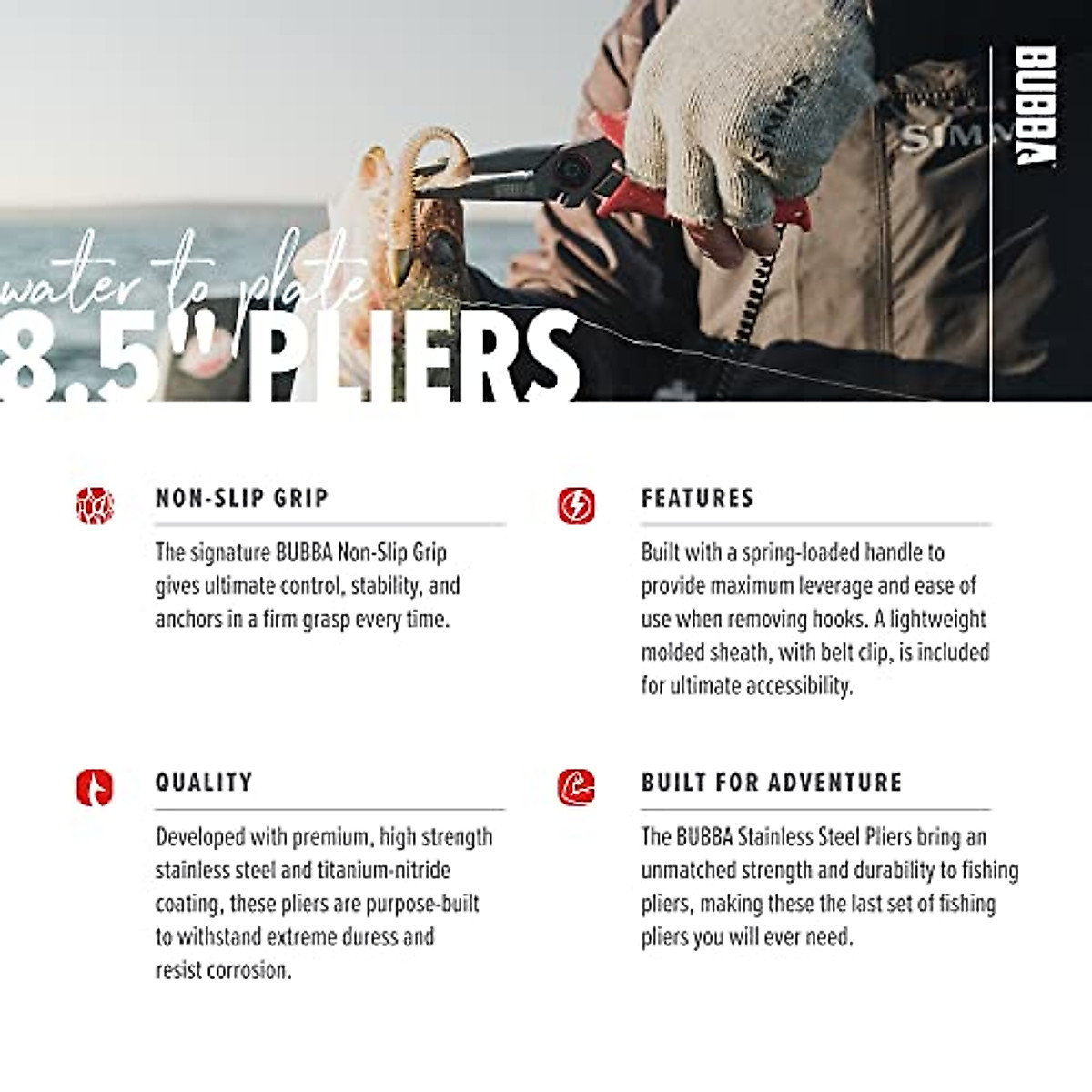 BUBBA 8.5" Stainless Steel Pliers with Non-Slip Handle, Spring Loaded with Crimping Tools and Anvil Cutters Lanyard Hole and Sheath