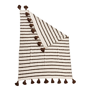 Main + Mesa Recycled Striped Cotton Throw Blanket with Tassels, Brown and Natural