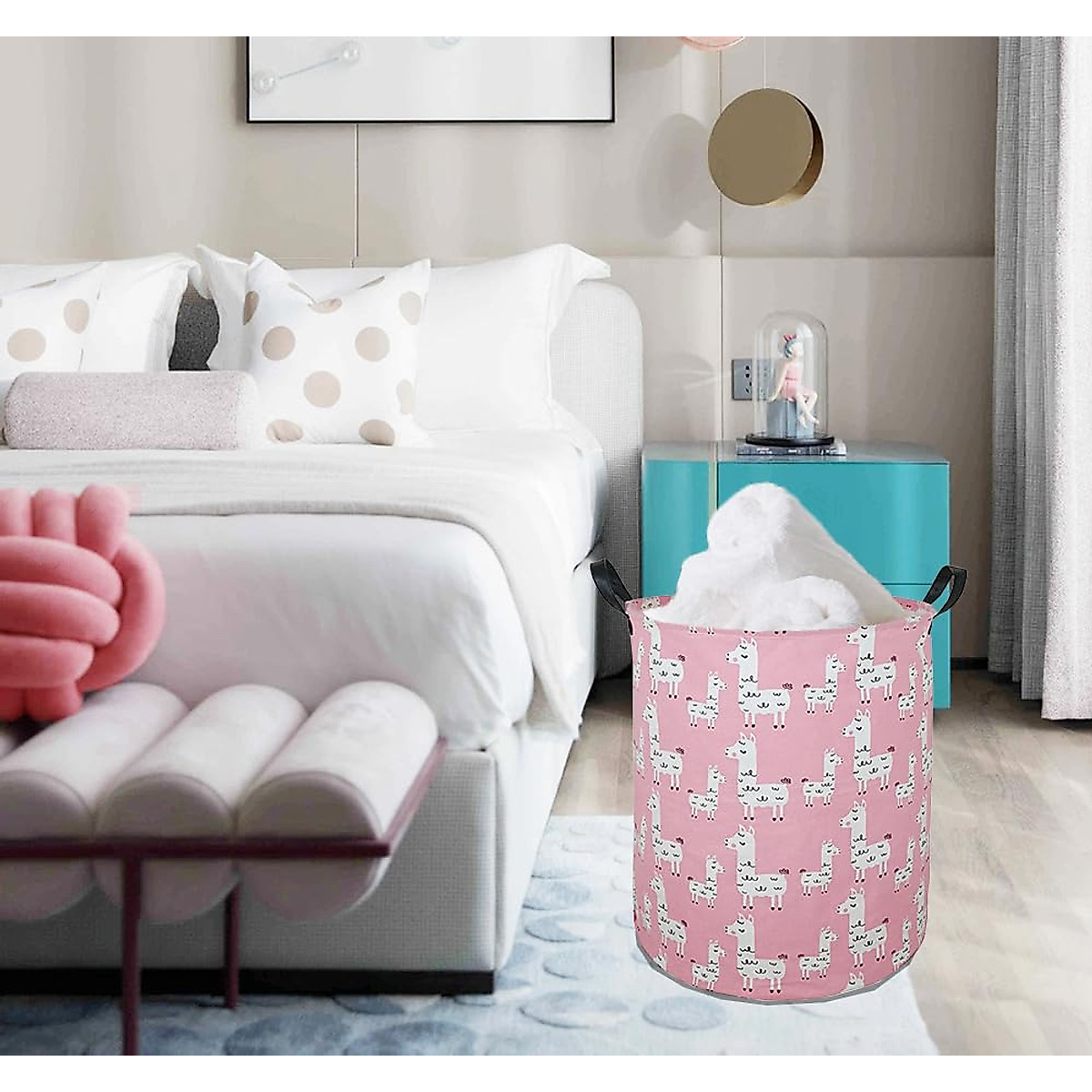 19.7" Round Canvas Large Clothes Basket Laundry Hamper with Handles,Waterproof Cotton Storage Organizer Perfect for Kids Boys Girls Toys Room, Bedroom, Nursery,Home,Gift Basket(alpaca)