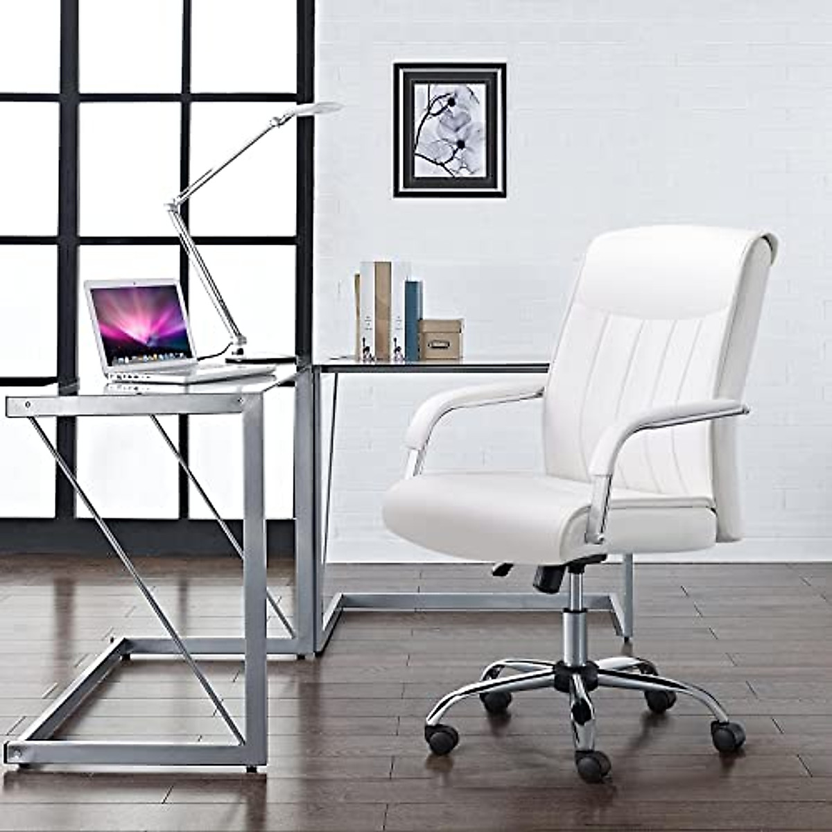 Yaheetech High Back Office Desk Task Chair Executive Conference Leather Chair Ergonomic Managerial Chair Big and Tall Swivel Chair w/Lumbar Support, Padded Armrests, Wide Seat, White