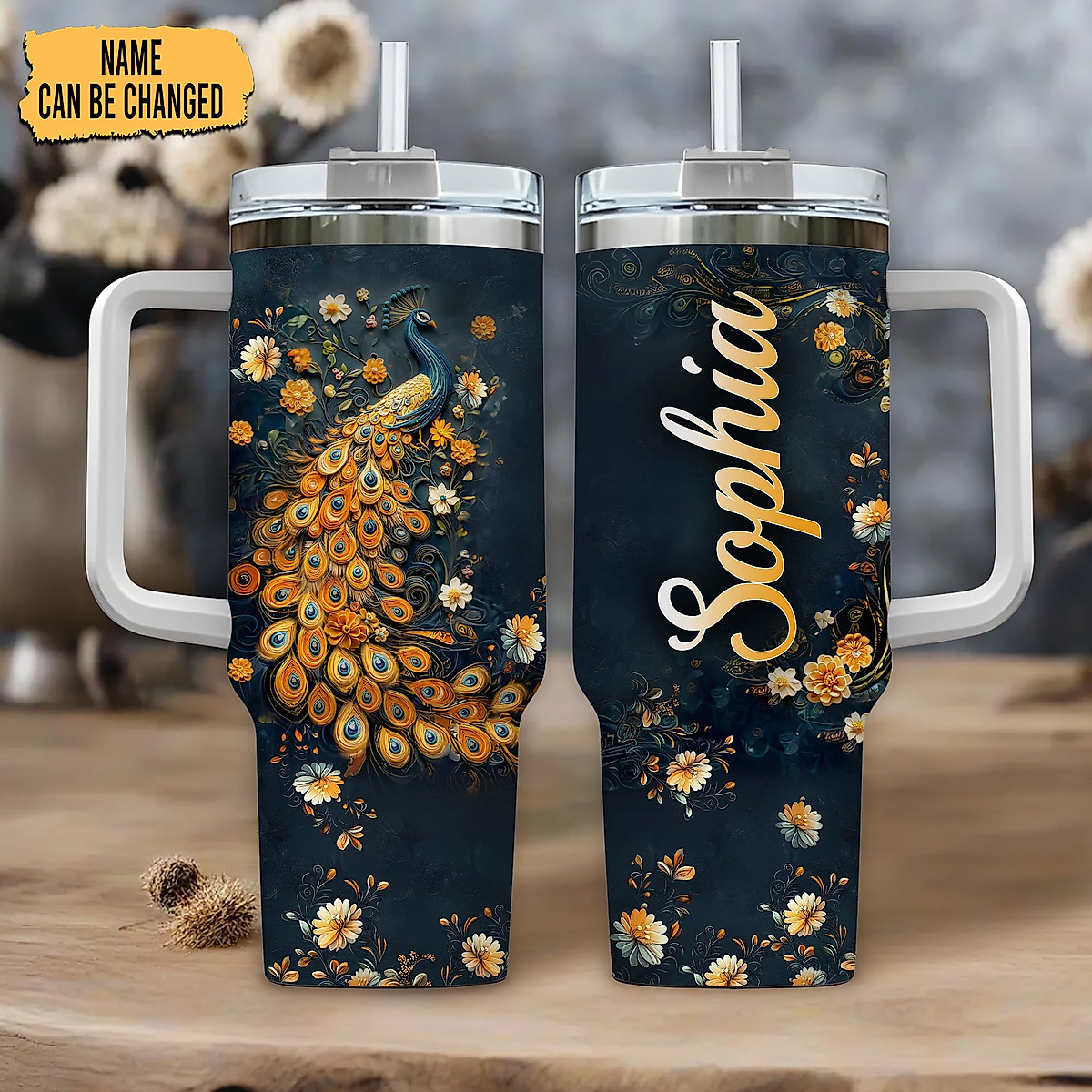 Hyturtle Personalized Peacock Tumbler - Floral Peacock Gifts For Women - Animal Present For Peafowls Lover Her - Mothers Day Present For Mom - Custom Name Travel Coffee Cup 40 oz With Lid And Straw