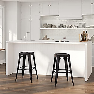 Merrick Lane Newark Series Black-Antique Gold 30" High Backless Metal Bar Height Stool with Square Seat for Indoor-Outdoor Use