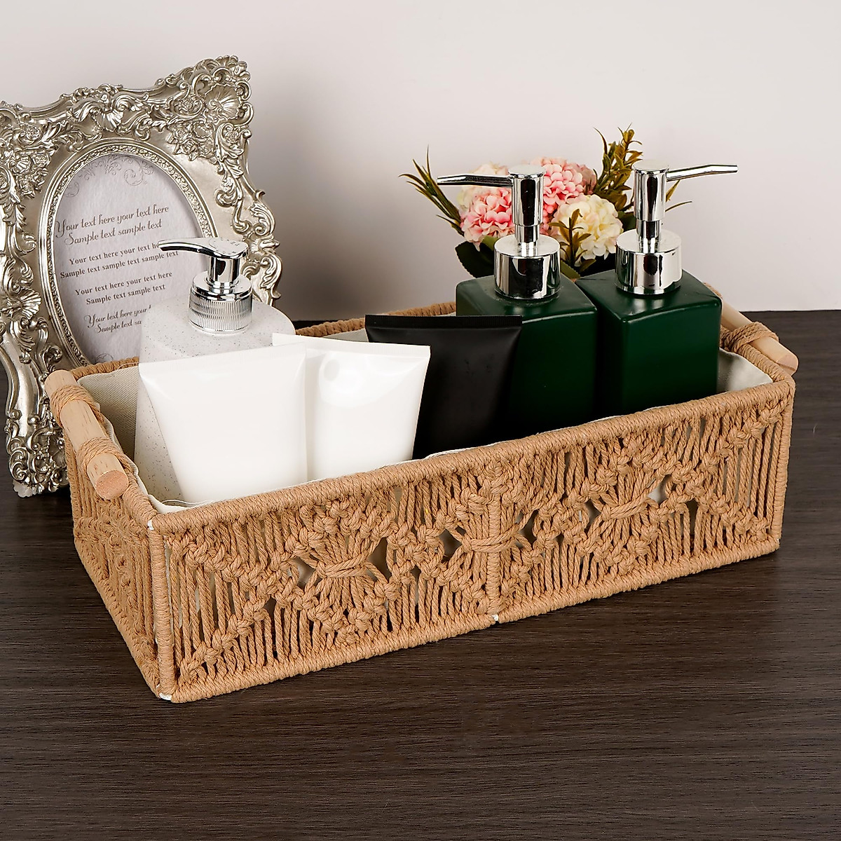 Purple Macrame Storage Basket, Boho Woven Decor Organizer for Countertop Toilet Tank Shelf Cabinet Bathroom Living Room Entryway