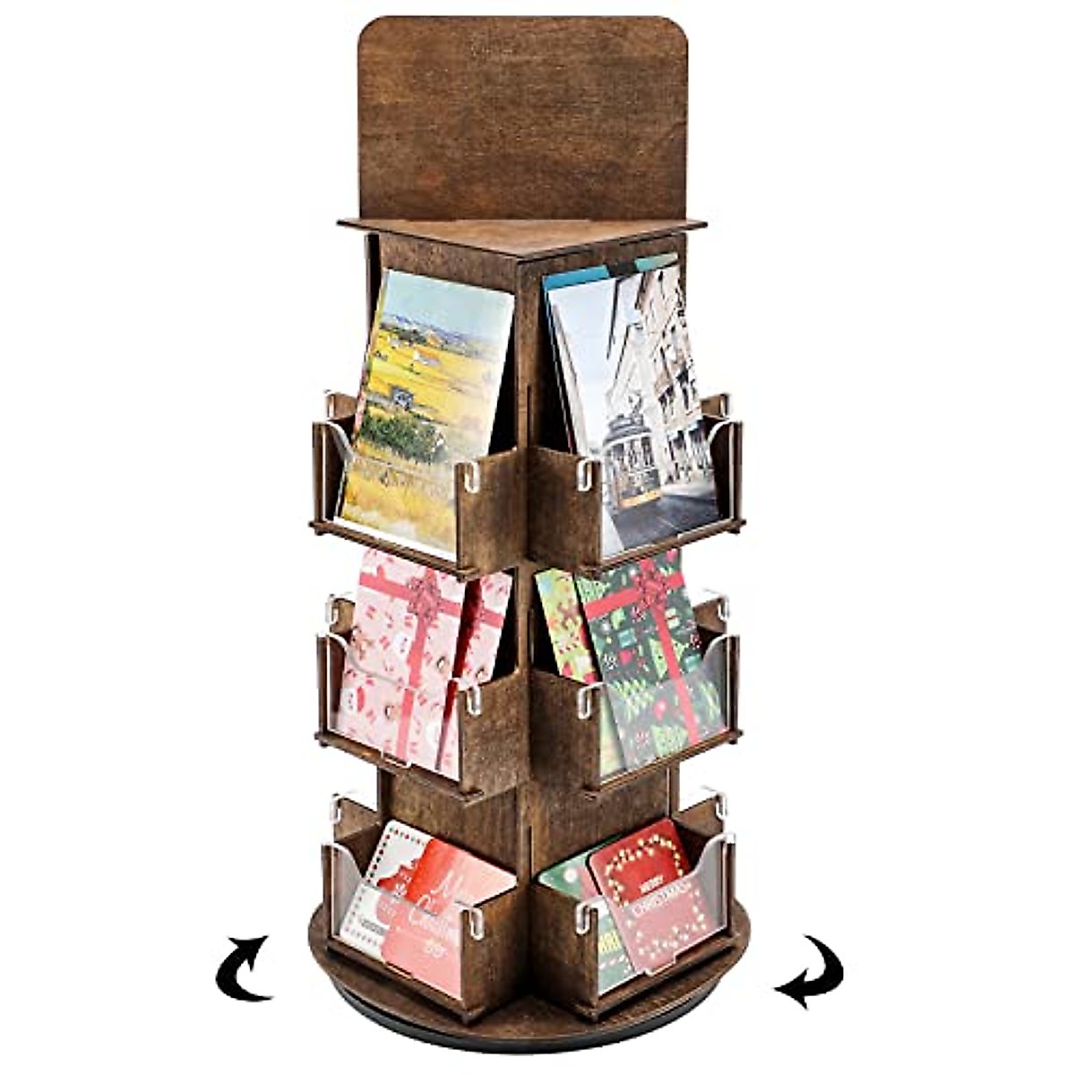 Rotating Display Stand 3 Tier Wood Rotating Rack 4 Sided Display Rack Counter Top Spinner Display Stand 360 Degree Rotating Tabletop Display Stand for Retail Trade Shows Craft Shows Showcase (Brown)