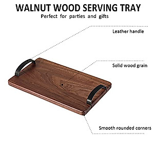 Muso Wood Wooden Serving Tray, Solid Natural Wood Tray with Leather Handles, Wooden Board for Food, Cheese&Charcuterie, Decorative Serving Platter for Party (Walnut)