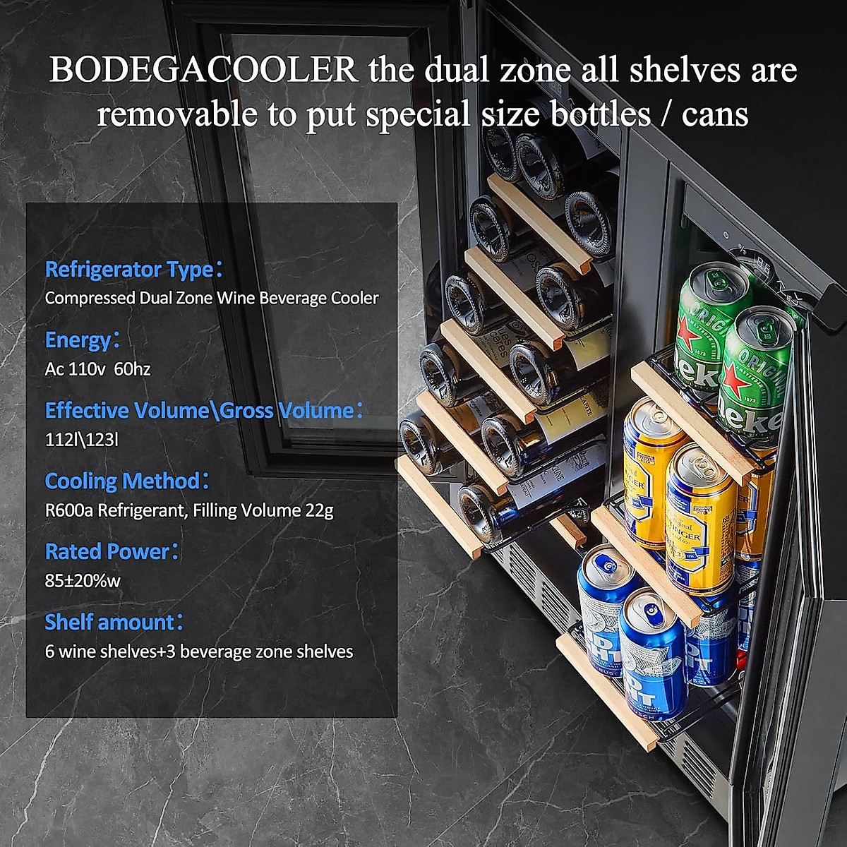 BODEGACOOLER 24 Inch Wine and Beverage Refrigerator, Dual Zone Wine Cooler Refrigerator, Wine and Beer Refrigerator Under Counter Cooling With Compressor,Hold 21 Bottles and 57 Cans [Black]