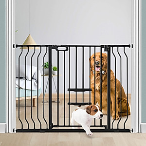Newnice Upgraded Baby Gate with Cat Door 29.9-48.8" Extra Wide, Tall Dog Gate for The House Doorways Stairs, Auto Close Walk Thru Safety Gate with Small Pet Door, Pressure Mounted Child Gate, Black