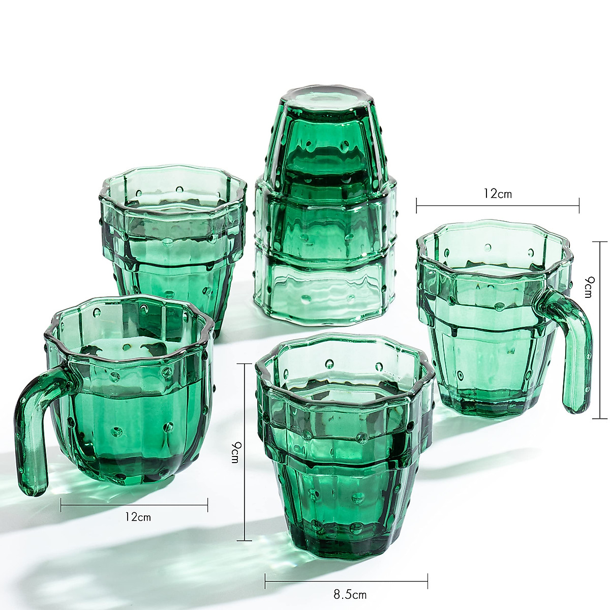 Cactus Stackable Glasses, Stacktus Gifts, Set of 6-10 oz Cactus Shape Glasses With Handles Green Glass Blown Figurines Plant Decorations for Parties 5" H 5" W - Copyright Design, Patent Pending