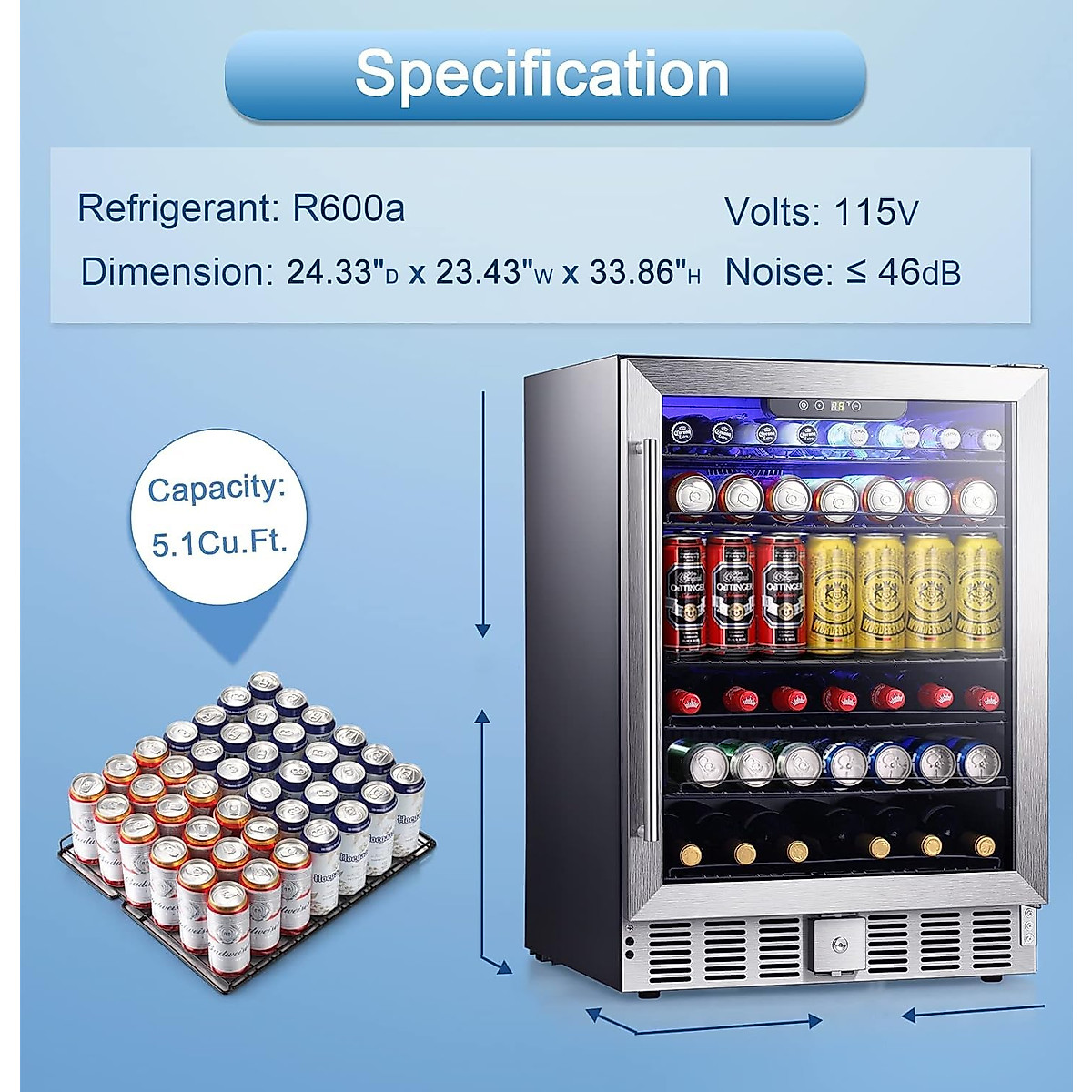Antarctic Star 24 Inch Beverage Refrigerator Cooler - 5.1 Cu.Ft Wine Cooler with Adjustable Shelf, Low Noise, Transparent Glass Door with Safty Lock, Stainless Steel Handle, for Kitchen/Office/Bar.
