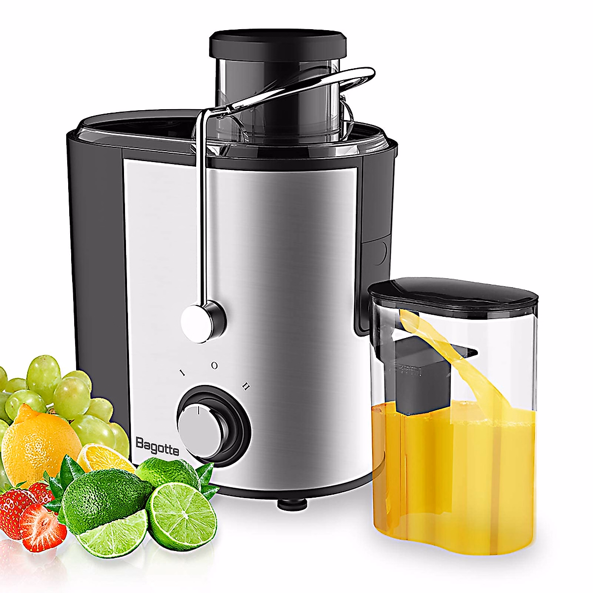 Juicer, Bagotte Centrifugal Juicer, BPA-Free, High Juice Yield Dual-Speed Juice Extractor with 304 Stainless Steel,65mm Wide Feed Chute Juicer Machines for Whole Fruit and Vegetable, Easy to Clean
