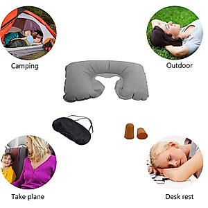 LiXiongBao Portable Travel Pillow, Inflatable Neck Pillow, U Shape Inflatable Air Cushion Neck Rest Eye Mask Earplug 3 in 1 Travel Set for Airplanes, Cars, Trains, Buses and Homes
