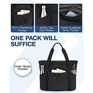 BAGSMART Women Foldable Tote Bag with Drawstring Storage Bag, Large Tote Bag Shoulder Bag Top Handle Handbag for Travel, Work, Beach, Gym, Shop, (Black)