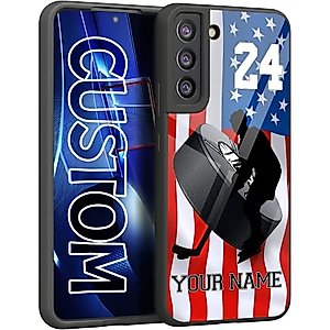 Personalized Ice Hockey Player Name Number America Flag Design Rubber Cover Phone Case for Samsung S23 S22 S21 S20 ULTRA/ S21 FE/S20 FE/S10 PLUS/S9 PLUS/S8 PLUS/S7 EDGE Custom Hockey Phone Case