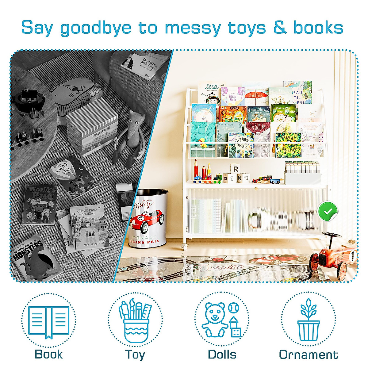 BXINREDA Kids Bookshelf and Toy Storage, White Book Shelf Rack Kids Bookcase Magazine Organizer for Kids Rooms Playroom Classroom or Bedroom