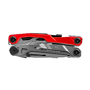 True Utility TI Locking Pocket Multi-Tool, 8-in-1 Tool kit, Titanium Nitride Frame, All-in-One EDC Asset for Camping, Hunting, Fishing, and Hiking, Silver/Red, One Size