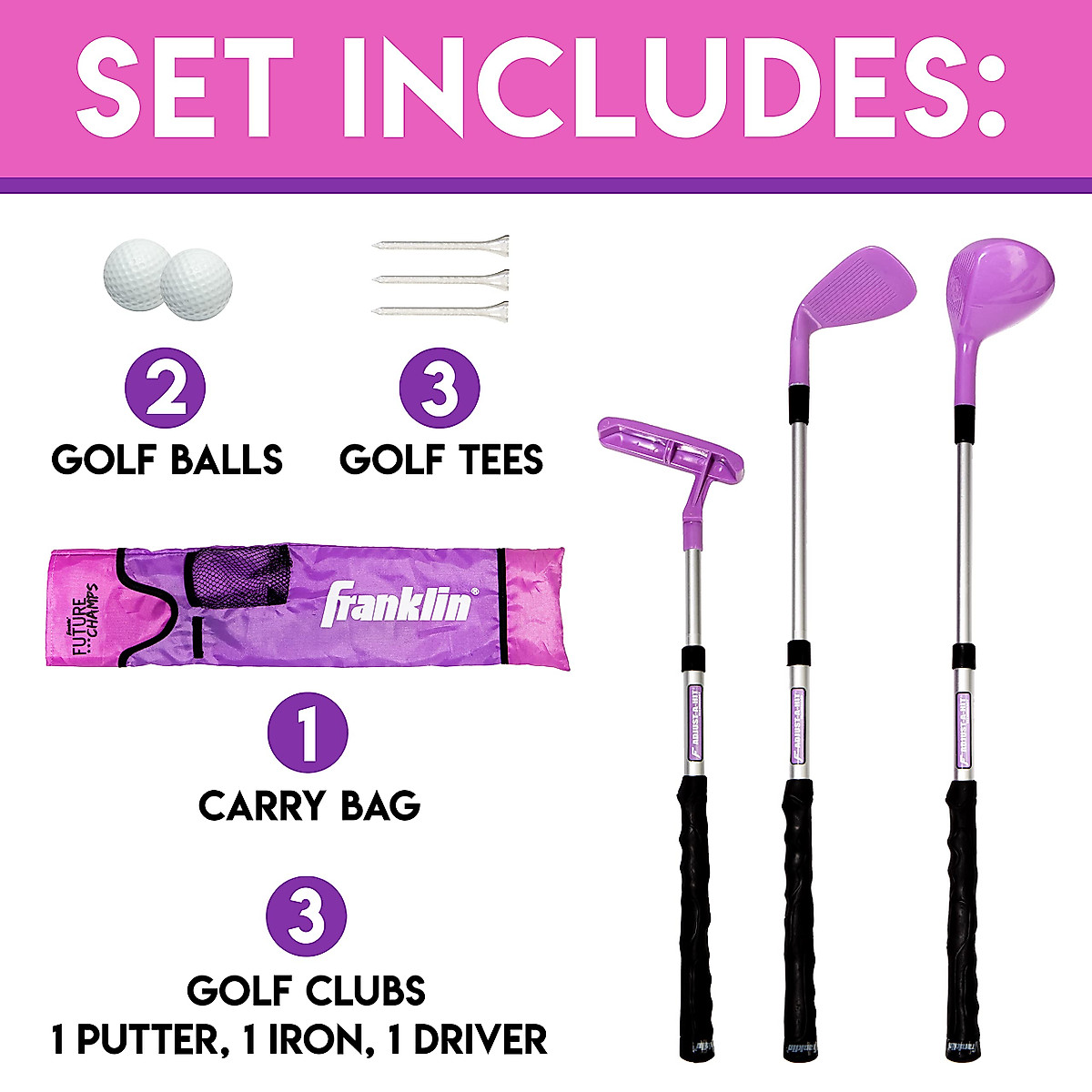 Franklin Sports Golf Set - Youth Adjustable Plastic Golf Club Set - Kids Golf Set with Bag & Balls - Adjustable Length Clubs For Toddlers - Pink