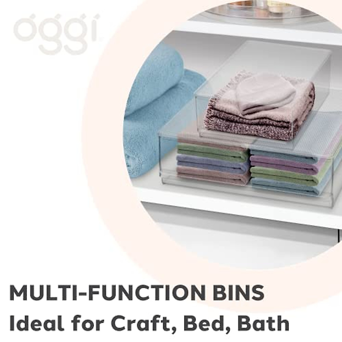 Oggi Clear Stackable Storage Bin with Lid - Ideal for Kitchen, Pantry, Cabinet, Bathroom, Bedroom, Kids, Refrigerator, Freezer. With Handles - Organize Jars, Packets, Snacks, Pasta - 12x4x4