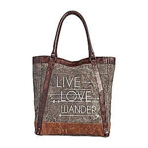 Mona B. Vintage Upcycled Canvas Tote Bags with Vegan Leather Trim (Live Love Wander-Charcoal)