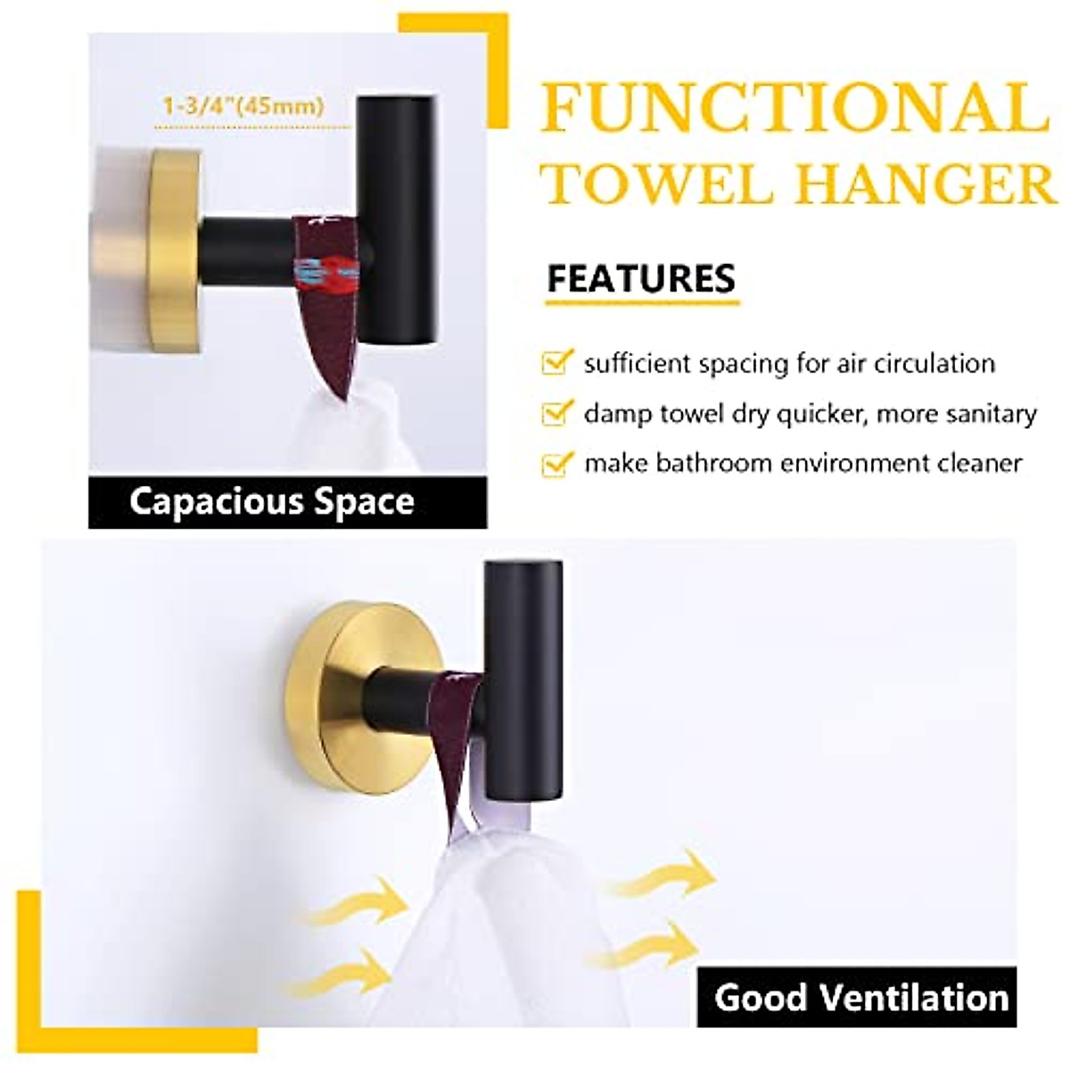 APLusee Robe Towel Hook Matte Black and Gold, 304 Stainless Steel Single Prong Coat Hook Bathroom Kitchen Garage Home Storage Round Utility Hanger