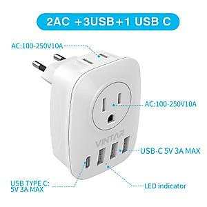 3 Pack European Travel Plug Adapter, VINTAR International Power Plug Adapter with 2 Outlets, 3 USB and 1 USB C, 6 in 1 Travel Essentials for US to Most of Europe EU Italy France Spain Greece, Type C
