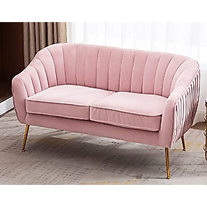 Artechworks Contemporary Tufted Velvet Tub Barrel Loveseat Sofa Chair Upholstered Couch with Golden Metal Legs Club Two-Seat Sofa for Living Reading Room Bedroom Apartment Small Space Dorm, Pink