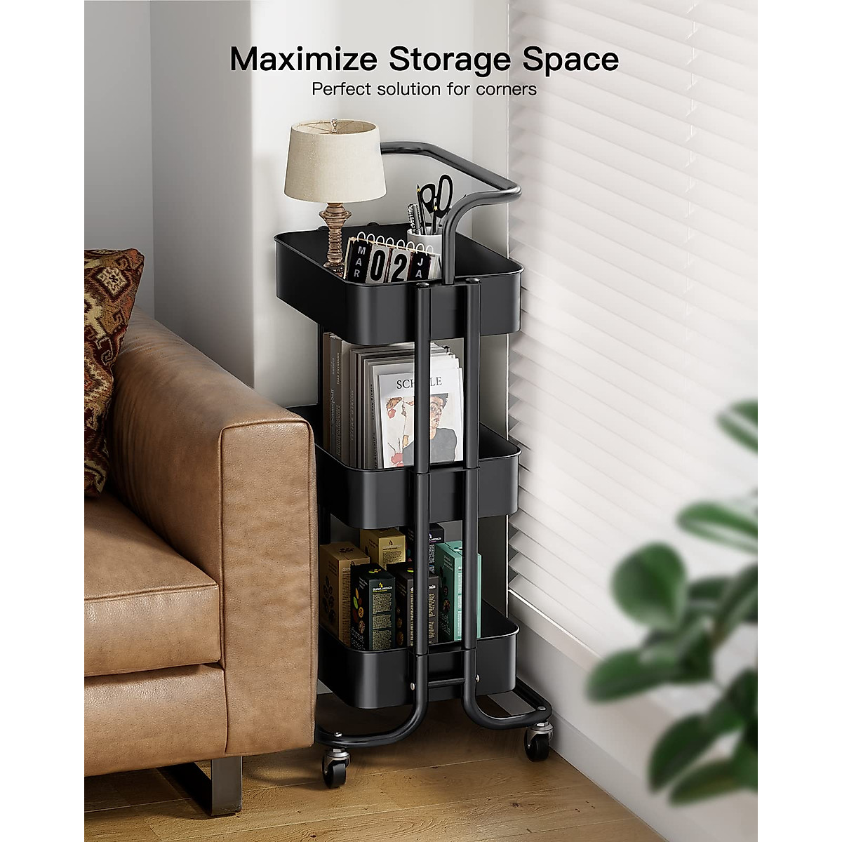 Totnz Rolling Utility Cart, 3-Tier Mesh Organization Cart with Lockable Wheels, Multi-Functional Storage Trolley for Office, Living Room, Kitchen, Laundry, Bathroom Storage, Black (TZUC01B)