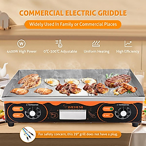 WICHEMI 29" Commercial Griddle Electric Grill Without Plug Countertop Griddle Flat Top Grill Hot Plate Non-Stick Stainless Steel Teppanyaki Grill for Restaurant Kitchen, 110V 4400W