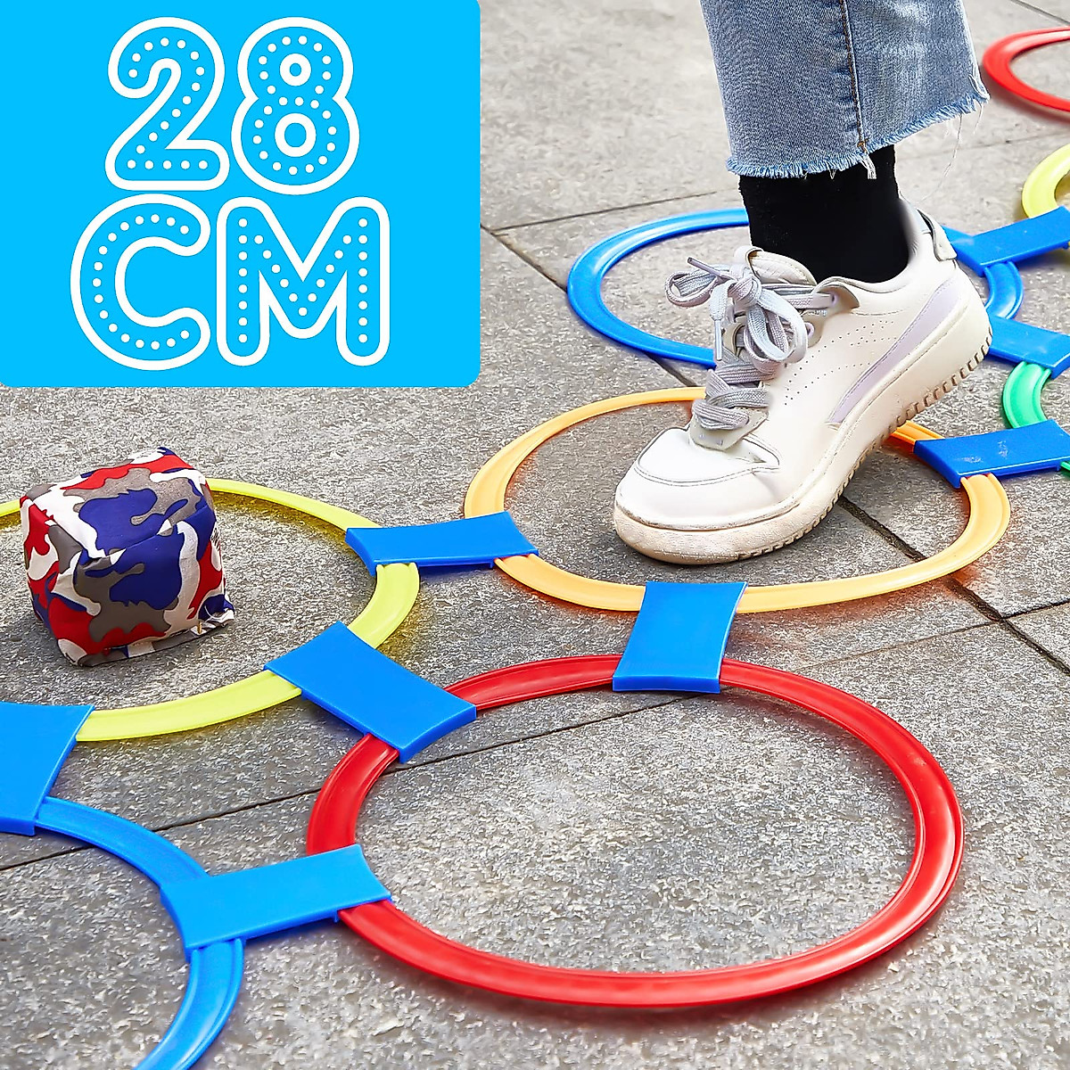 Hopscotch Game Outdoor Games for Kids 10 Plastic Rings 5 Colored and 18 Connectors 4 Bean Bags Indoor or Outdoor Game Obstacle Course for Kids Training (Circle)