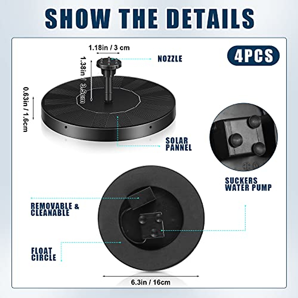Kittmip 4 Pack Solar Bird Bath Fountain Pump Solar Fountain with 6 Nozzle Solar Water Fountain Floating Solar Fountain Panel Solar Powered Bird Bath Fountain for Pond Garden Fish Tank Pool (6.3 Inch)