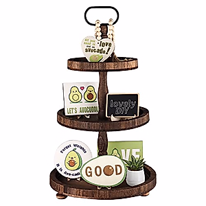 Creatart Wooden 3 Tiered Tray Stand with 8 Pieces Summer Avocado Tiered Tray Decor Set Round Wood Tiered Serving Tray for Food Kitchen Table Centerpieces Decorative Tray (Avocado)