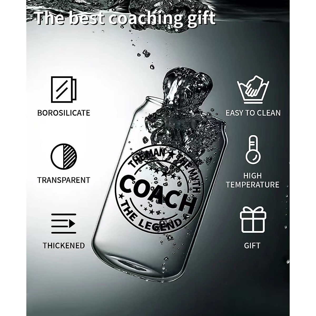 Coach Gifts for Women/Men，Best Coach Gifts,Drinking Glasses with With lid and straw-16oz Can Shaped Glass Cups, Beer Glasses, Iced Coffee Glasses, Cute Tumbler Cup, Ideal for Cocktail, Whiskey