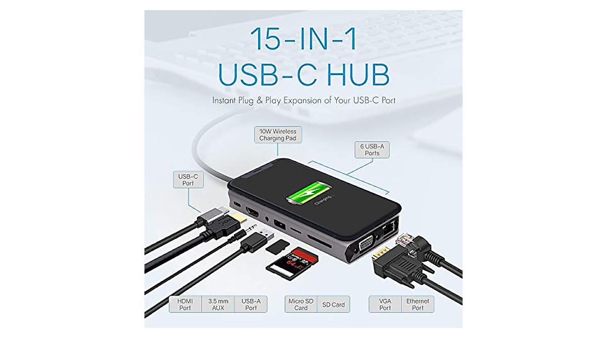 Realm USB C Hub, 15-in-1 Hub with Wireless Charging, 60W Power Delivery ...