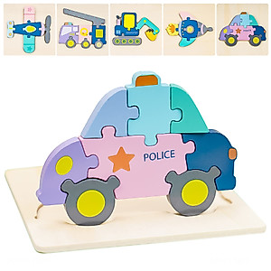 NiToy Wooden Jigsaw Puzzles for Kids, 5 Pack Vehicle Shapes Montessori Building Block Puzzle Toys for 3+ Years Old Boys and Girls Preschool STEM Early Learning Educational Games Gift for 36 Months+