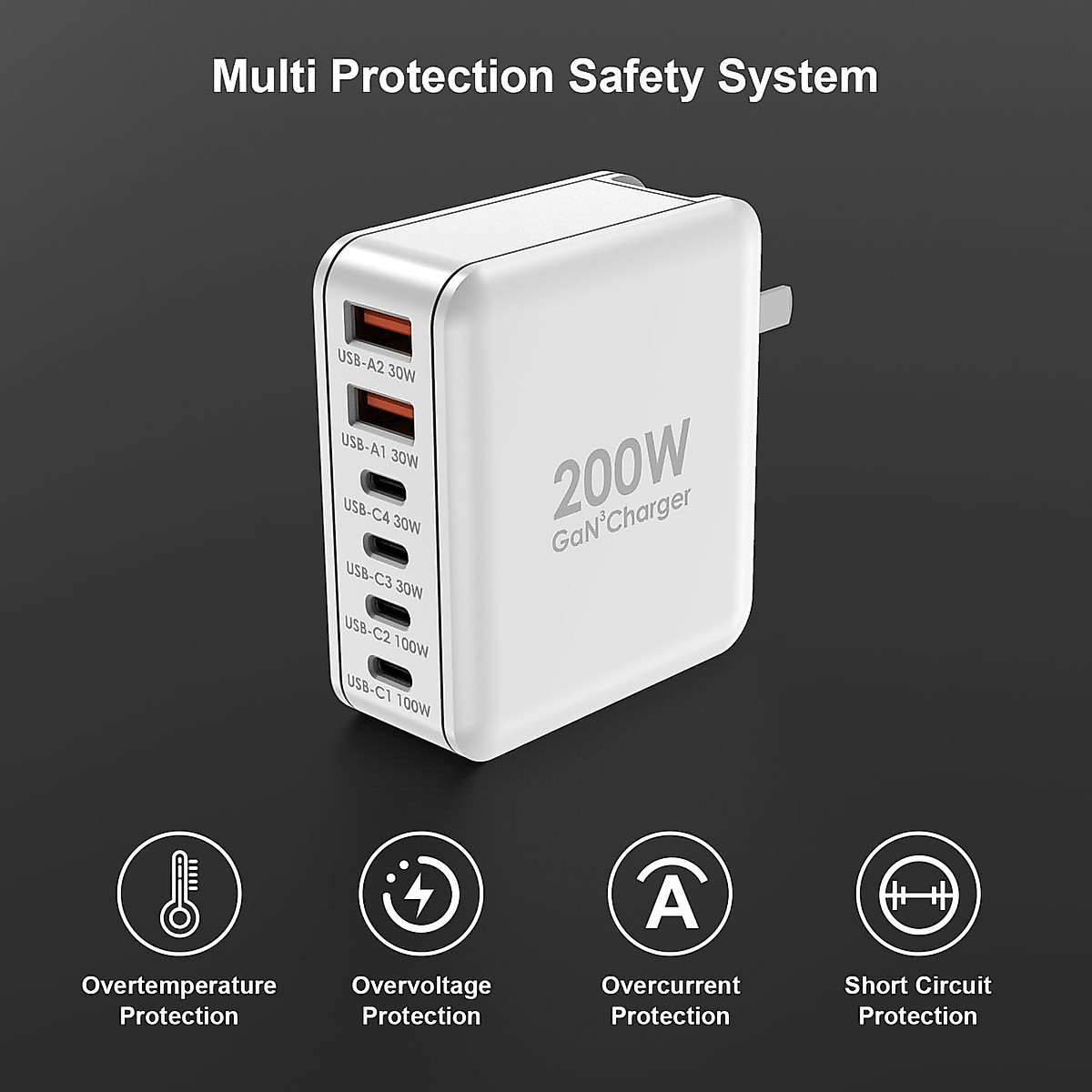 URVNS 200W USB C Charger, GaN 6 Ports PD 100W PPS 45W QC30W Super Fast Charging Station for iPhone 15 14 Series, MacBook Laptop, iPad, Samsung Galaxy S23/22 and More(with 5FT Power Cord)