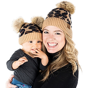 Funky Junque Mom and Baby Pom Pom Hat Set, Mommy and Me Winter Hats, Matching Double Pom Beanies, One Size Adult/Infant, Leopard Latte