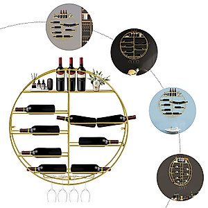 Headery 7 Tier Round Iron Wall Wine Bottle Holder, Wine Storage and Display Rack,Bar Liquor Shelves Shelf with 4 Glass Holder for Kitchen, Party, Bar, Dining Room(Black/Gold (Gold)