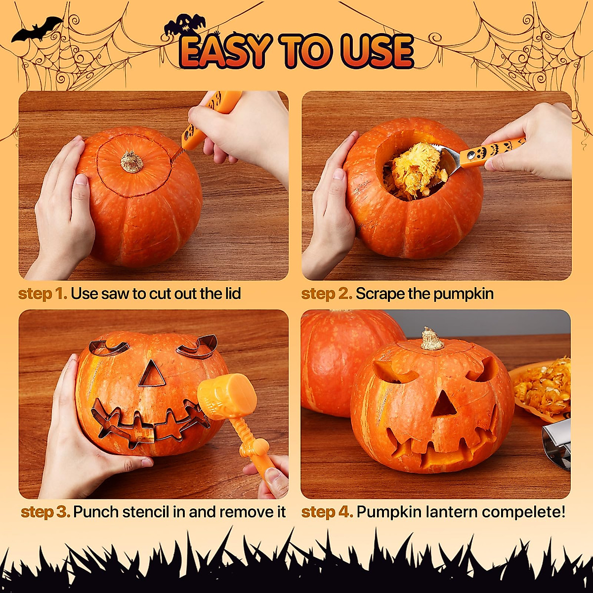 FLYOUTH Pumpkin Carving Kit Tools 29 PCS, Easy to Use and Safe for Kids Adults, Sturdy Stainless Steel Pumpkin Decorating Kit with Stencils, Hammer, Gift for Halloween Jack-O-Lanterns Decoration